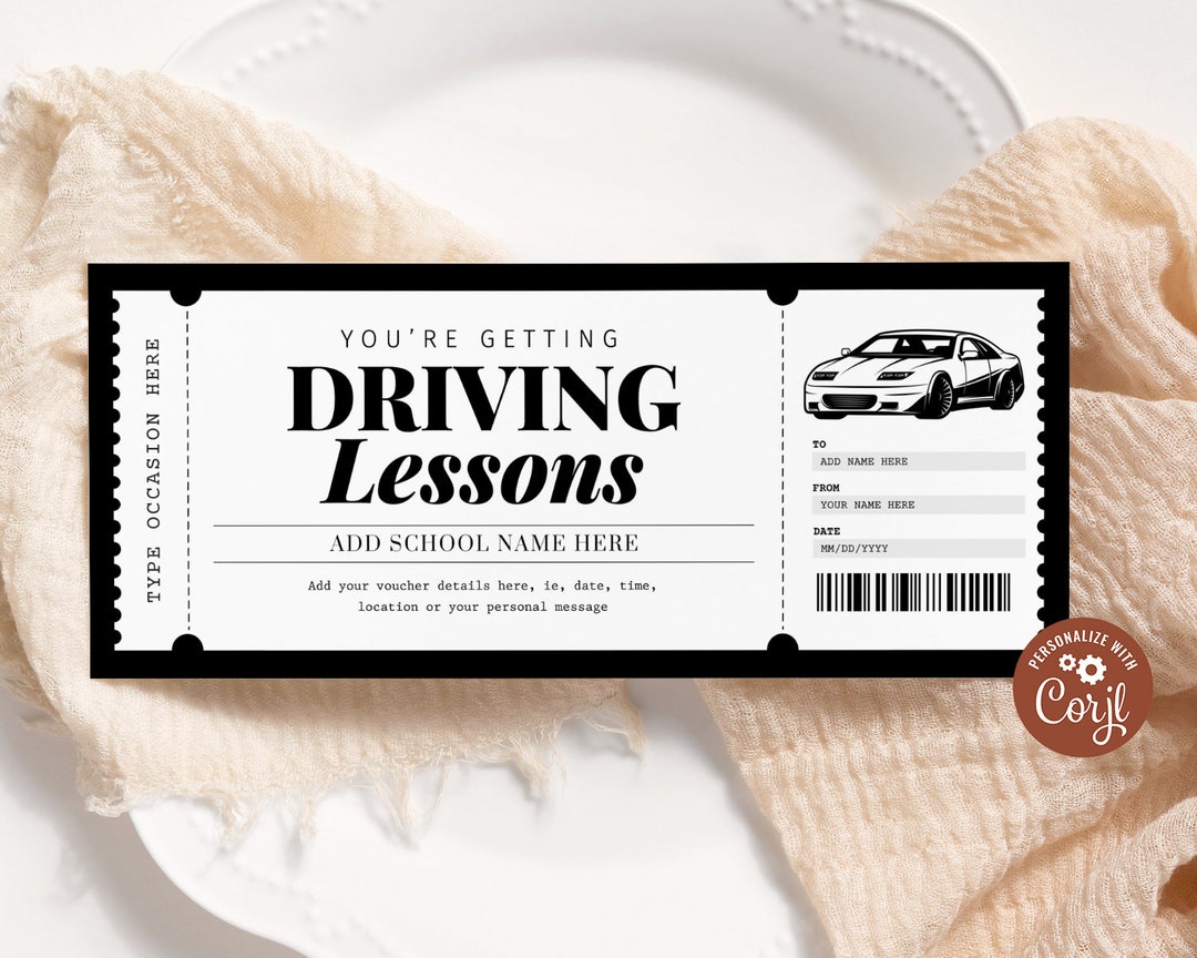 Driving Lesson Ticket EDITABLE, Driving School Gift Certificate ...