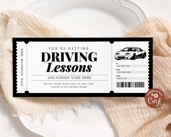 Driving Lesson Ticket EDITABLE, Driving School Gift Certificate ...