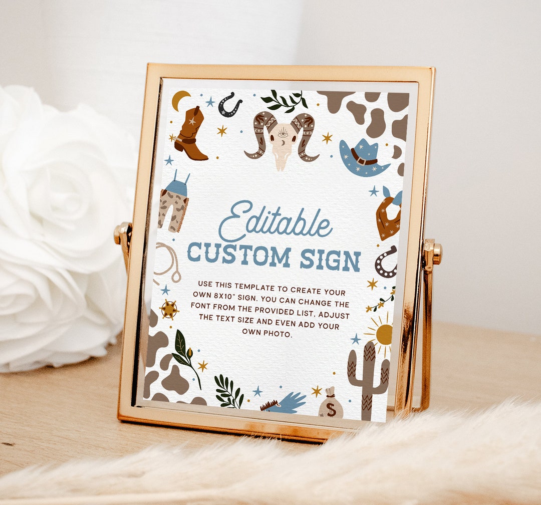 Custom Cowboy Party Sign EDITABLE, Western Birthday Table Sign Template ...