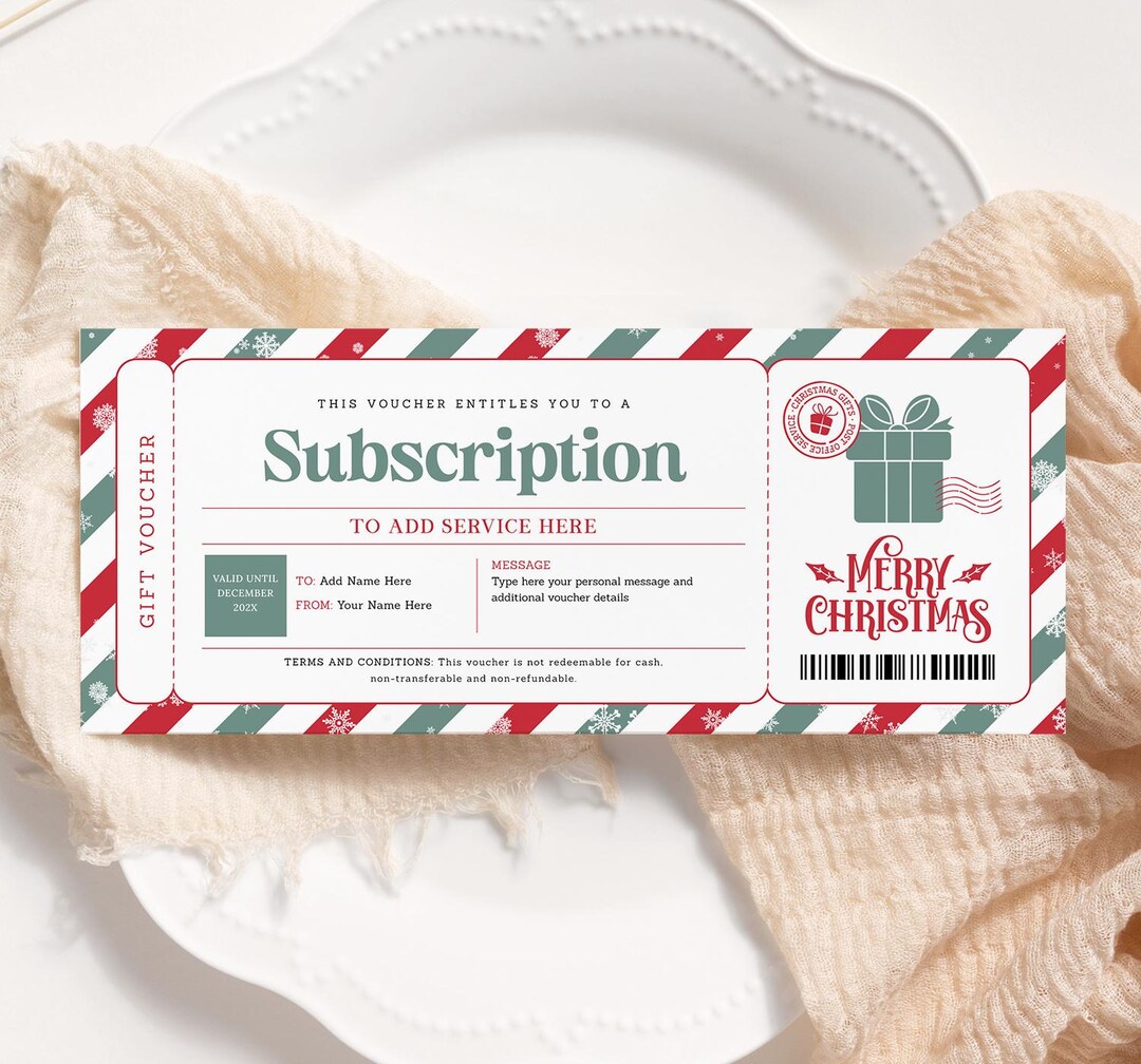 Subscription Christmas Gift Certificate EDITABLE, Subscription Service ...