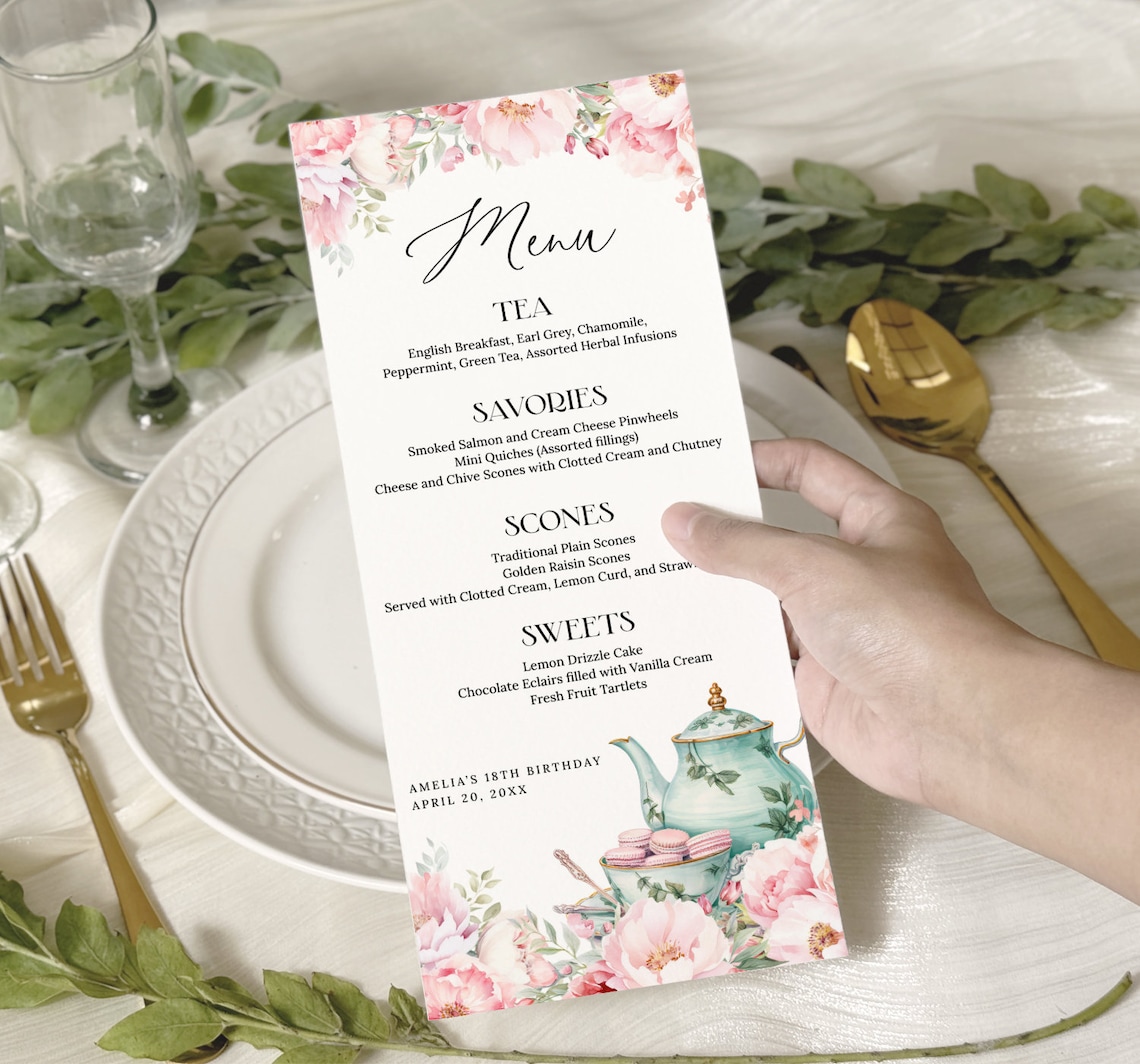 Floral Tea Party Menu Template EDITABLE, Blush Pink High Tea Menu Cards ...