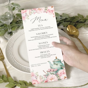 Floral Tea Party Menu Template EDITABLE, Blush Pink High Tea Menu Cards ...