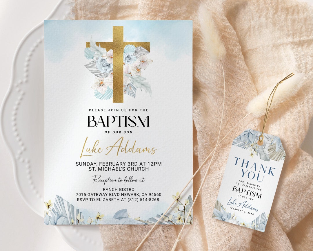 Boys Boho Pampas Baptism Invitation EDITABLE, Pampas Grass Invitation ...