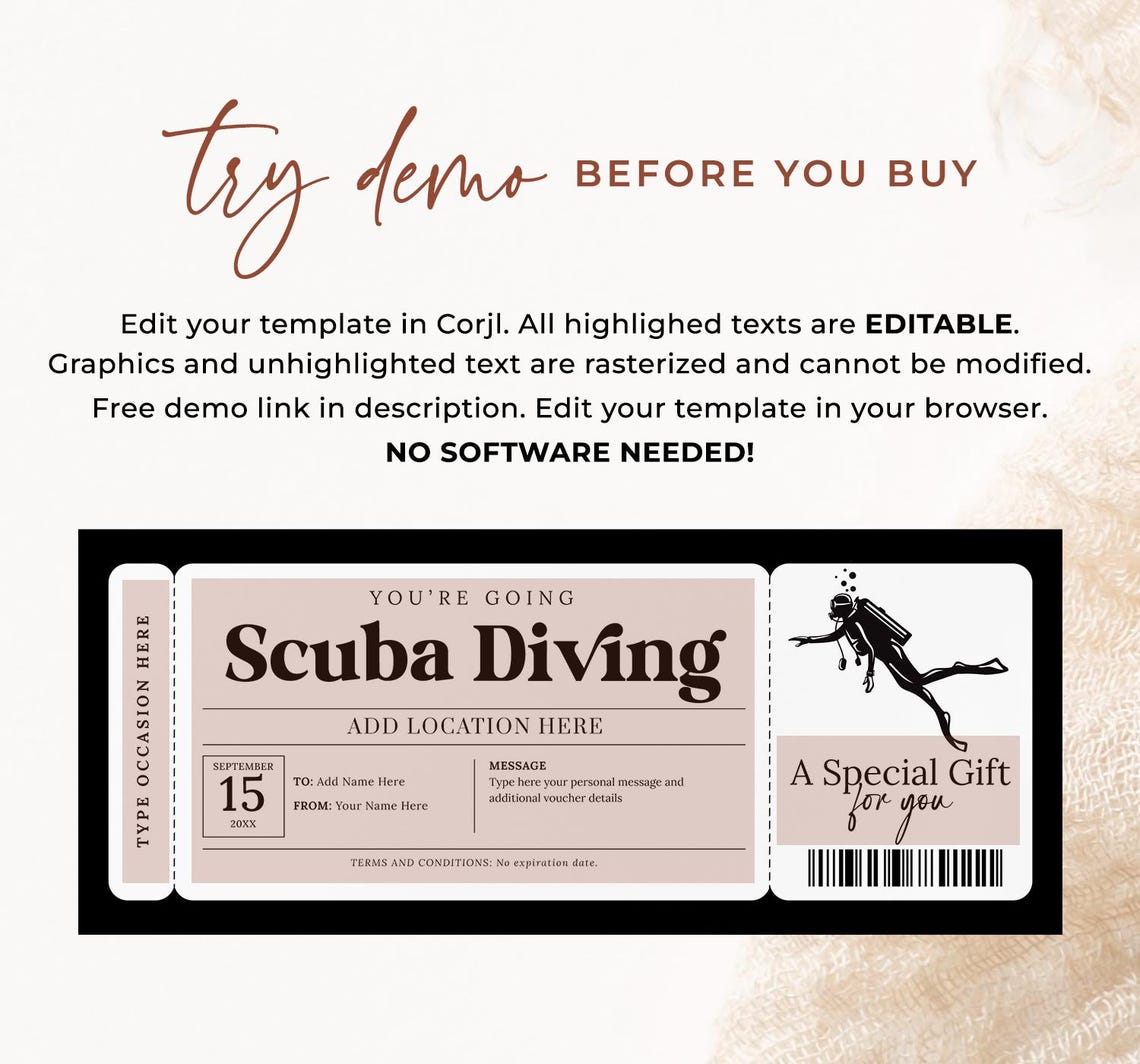 Scuba Diving Gift Voucher EDITABLE, Scuba Diving Certificate ...