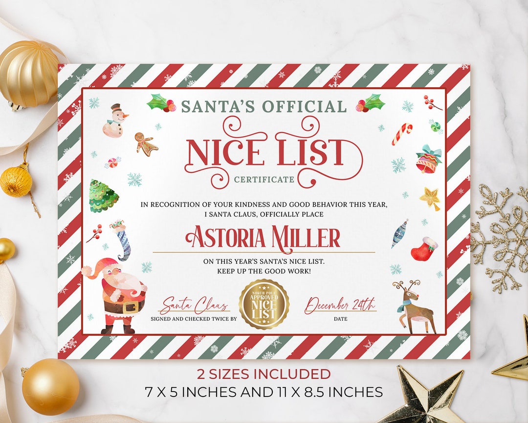 Santa Claus Official Nice List Certificate EDITABLE, Elf Nice List ...