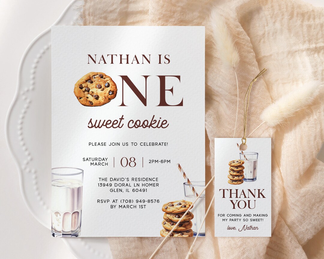 Milk and Cookies Birthday Invitation EDITABLE, One Sweet Cookie ...