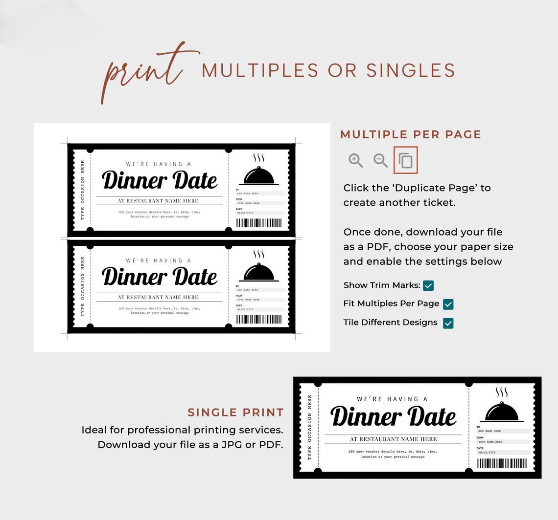 Dinner Date Gift Certificate EDITABLE, Restaurant Reservation Voucher ...