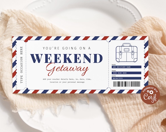 Weekend Getaway Gift Voucher EDITABLE, Weekend Away Trip Ticket ...