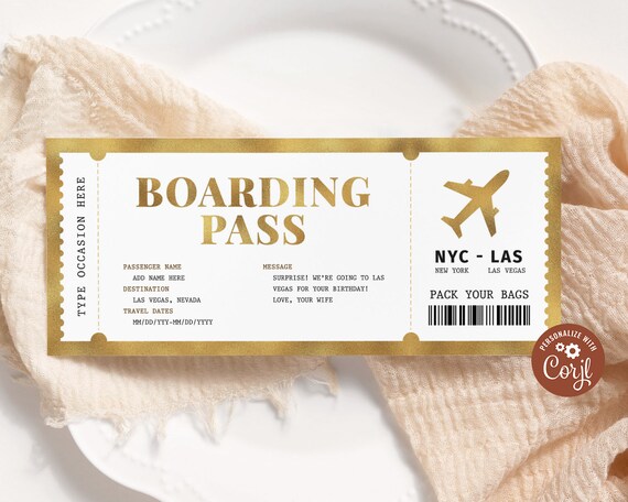 Boarding Pass Gold Ticket EDITABLE, Printable Personalized Plane Ticket ...