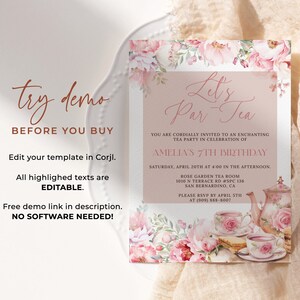 Floral Tea Party Birthday Invitation EDITABLE, Blush Pink Par-tea ...