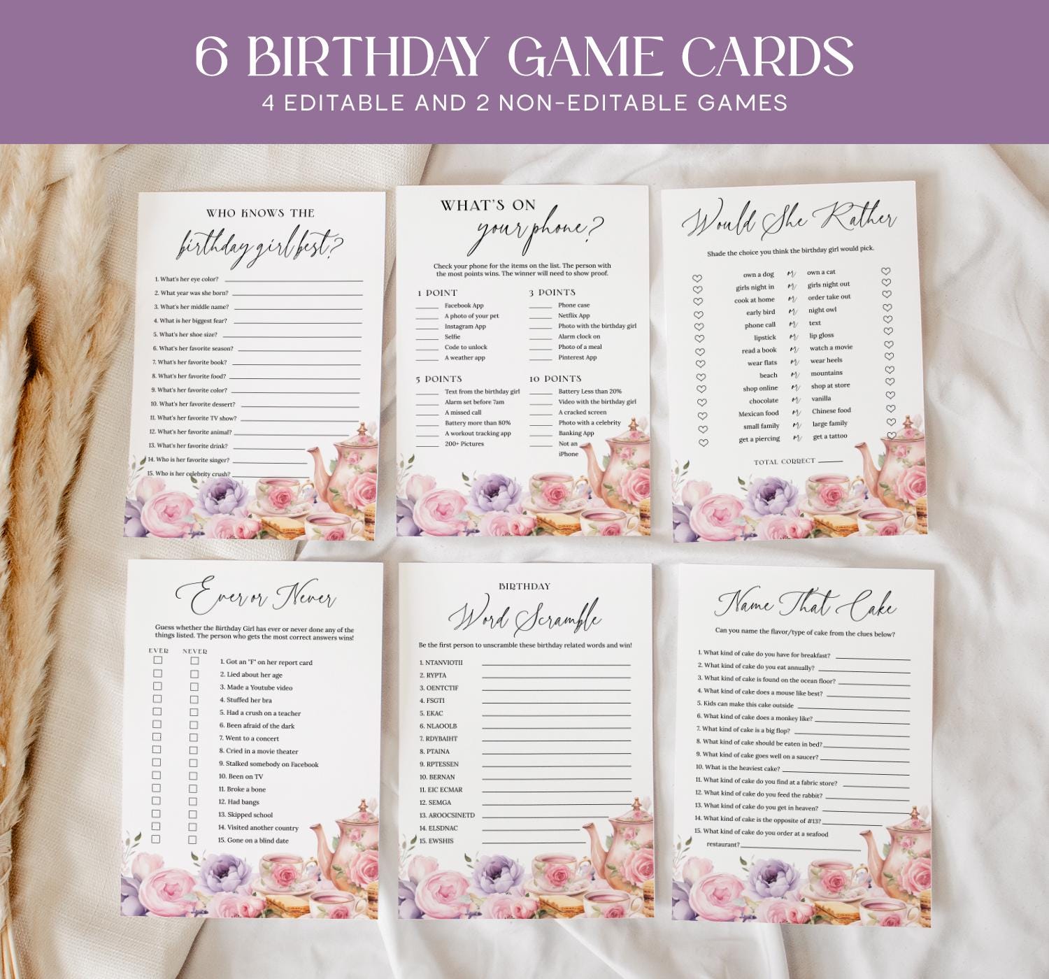 Floral Tea Party Birthday Games Bundle EDITABLE, 6 Pink Purple ...