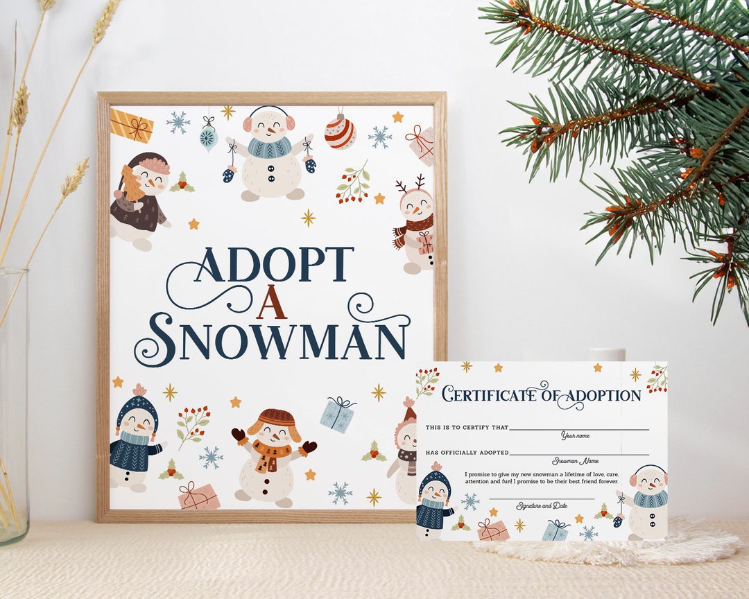 Adopt a Snowman Sign and Certificate, Christmas Birthday Adoption Sign ...