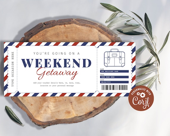 Weekend Getaway Gift Voucher EDITABLE, Weekend Away Trip Ticket ...