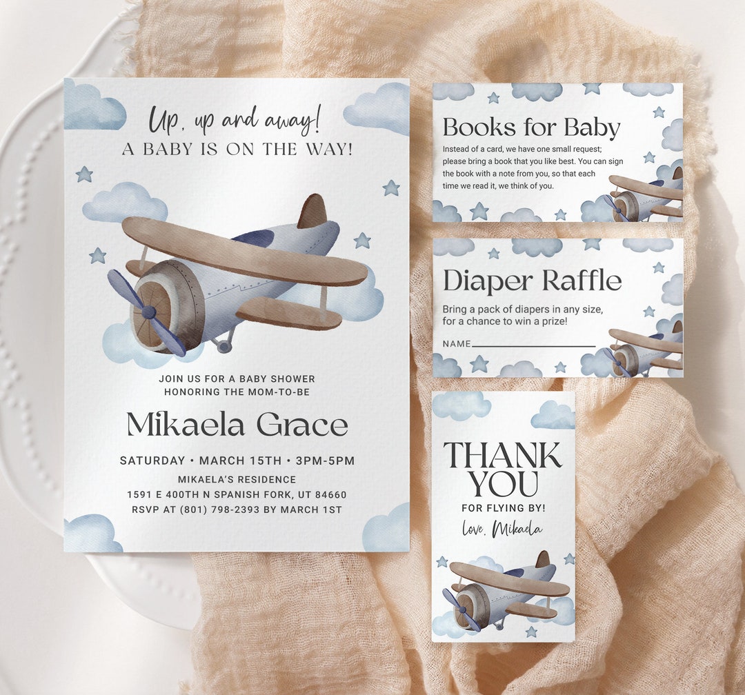 Airplane Baby Shower Invitation Set EDITABLE, Vintage Blue Plane Baby ...
