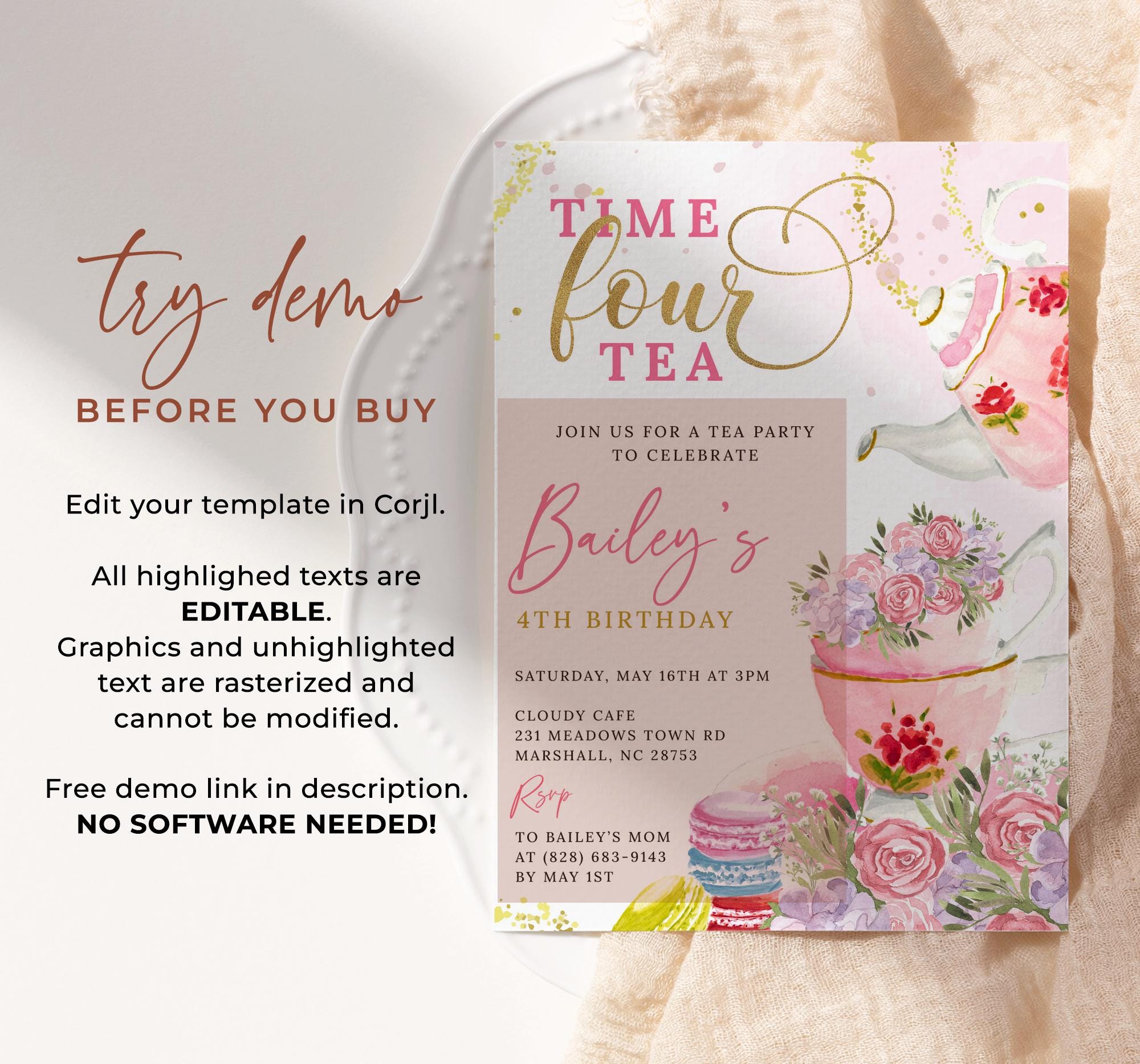 Time Four Tea Birthday Invitation EDITABLE, 4th Birthday Tea Party ...