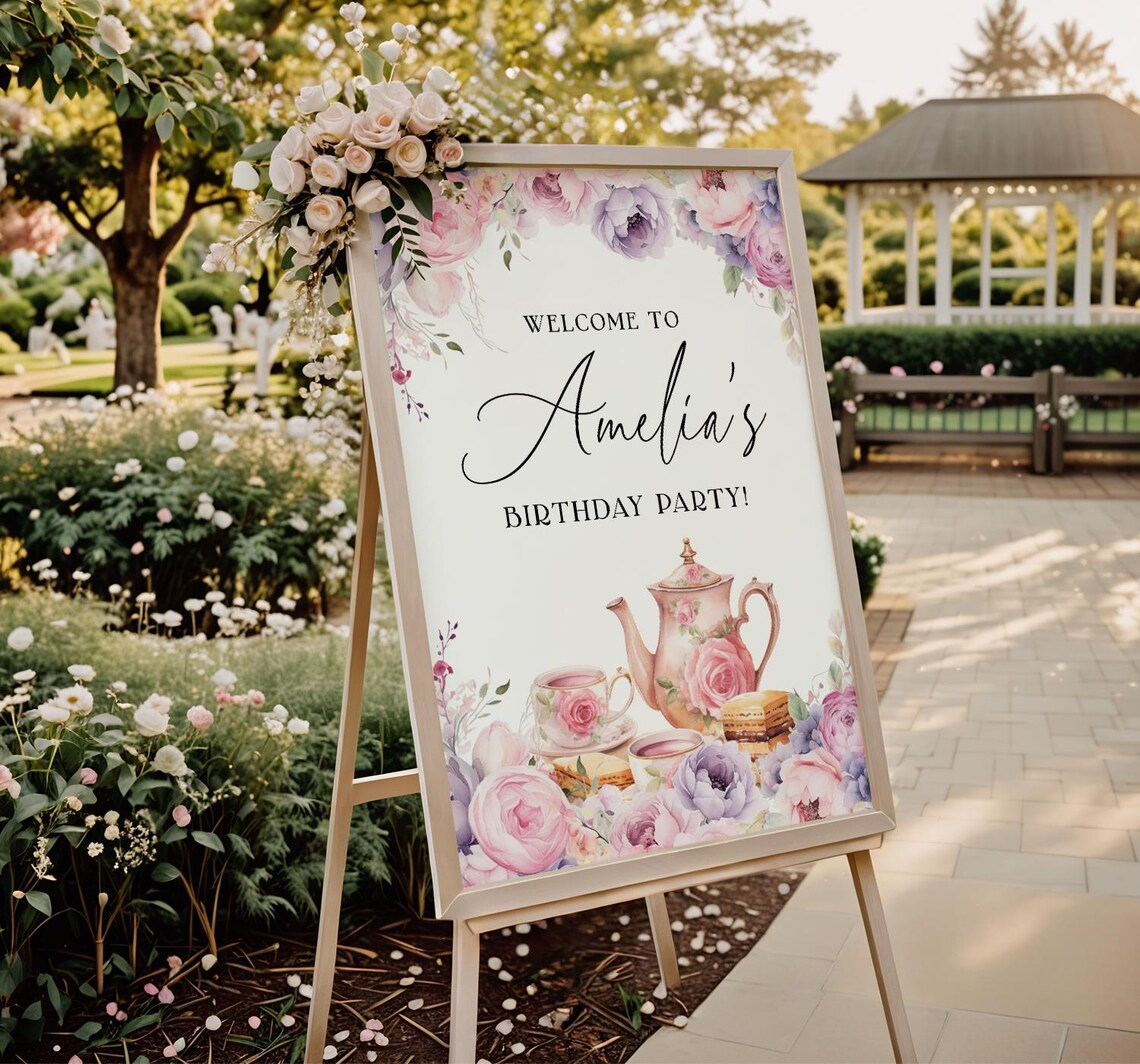 Floral Tea Party Welcome Sign EDITABLE, Pink Purple High Tea Welcome ...