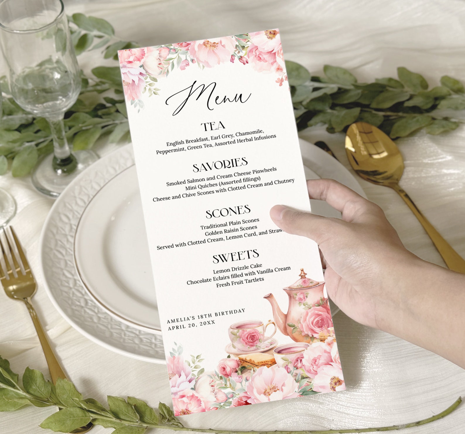 Floral Tea Party Menu Template EDITABLE, Blush Pink High Tea Menu Cards ...