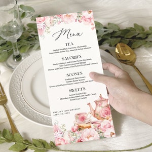 Floral Tea Party Menu Template EDITABLE, Blush Pink High Tea Menu Cards ...