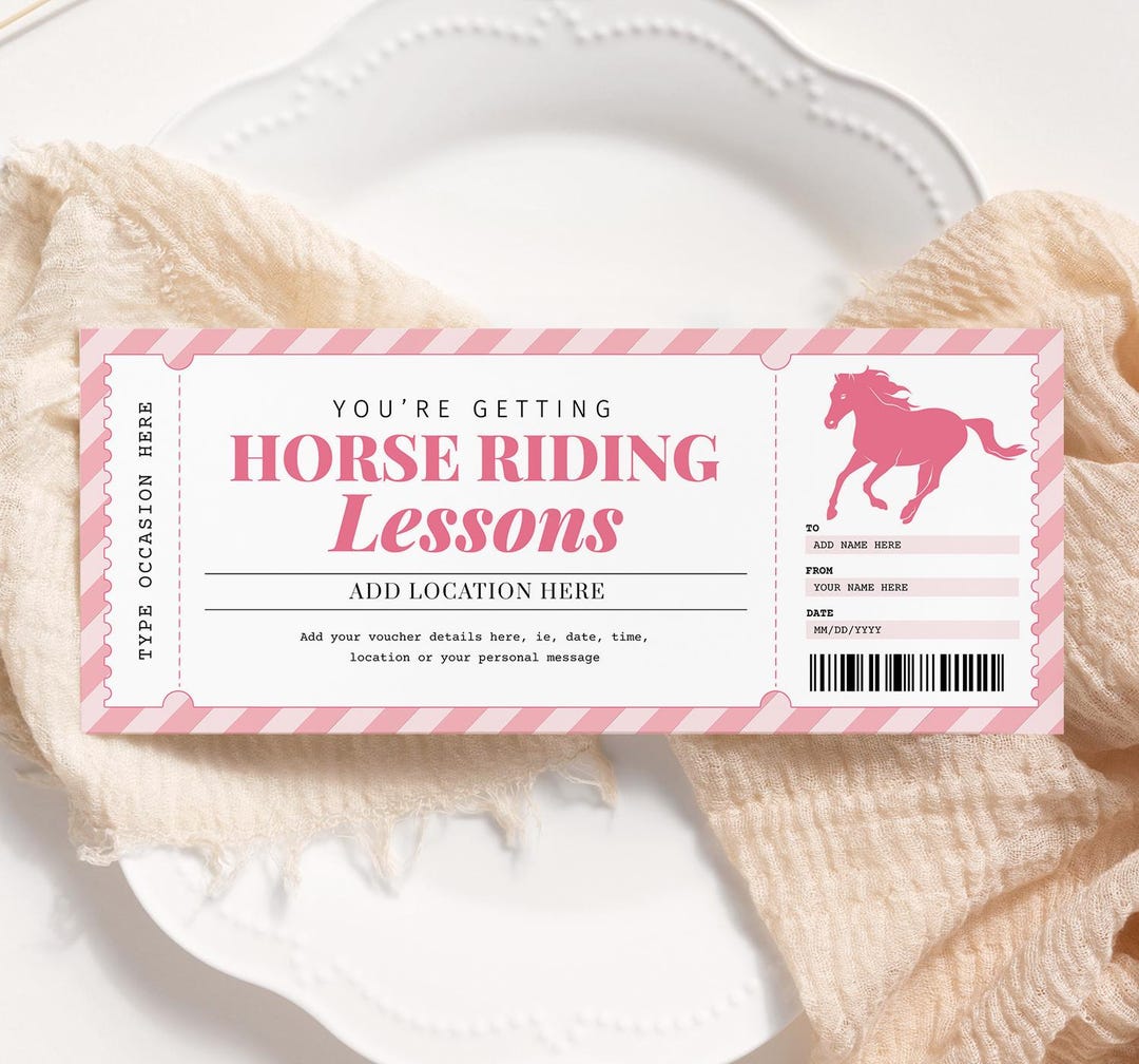 Horse Riding Lessons Voucher EDITABLE, Pink Horseback Riding Gift ...