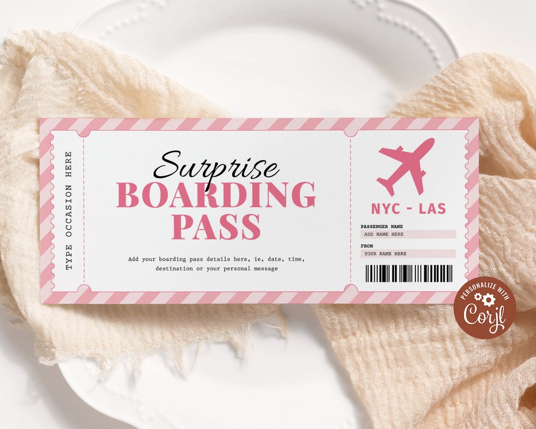 Pink Boarding Pass Ticket Template EDITABLE Surprise Trip - Etsy