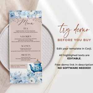 Floral Tea Party Menu Template EDITABLE, Dusty Blue High Tea Menu Cards ...