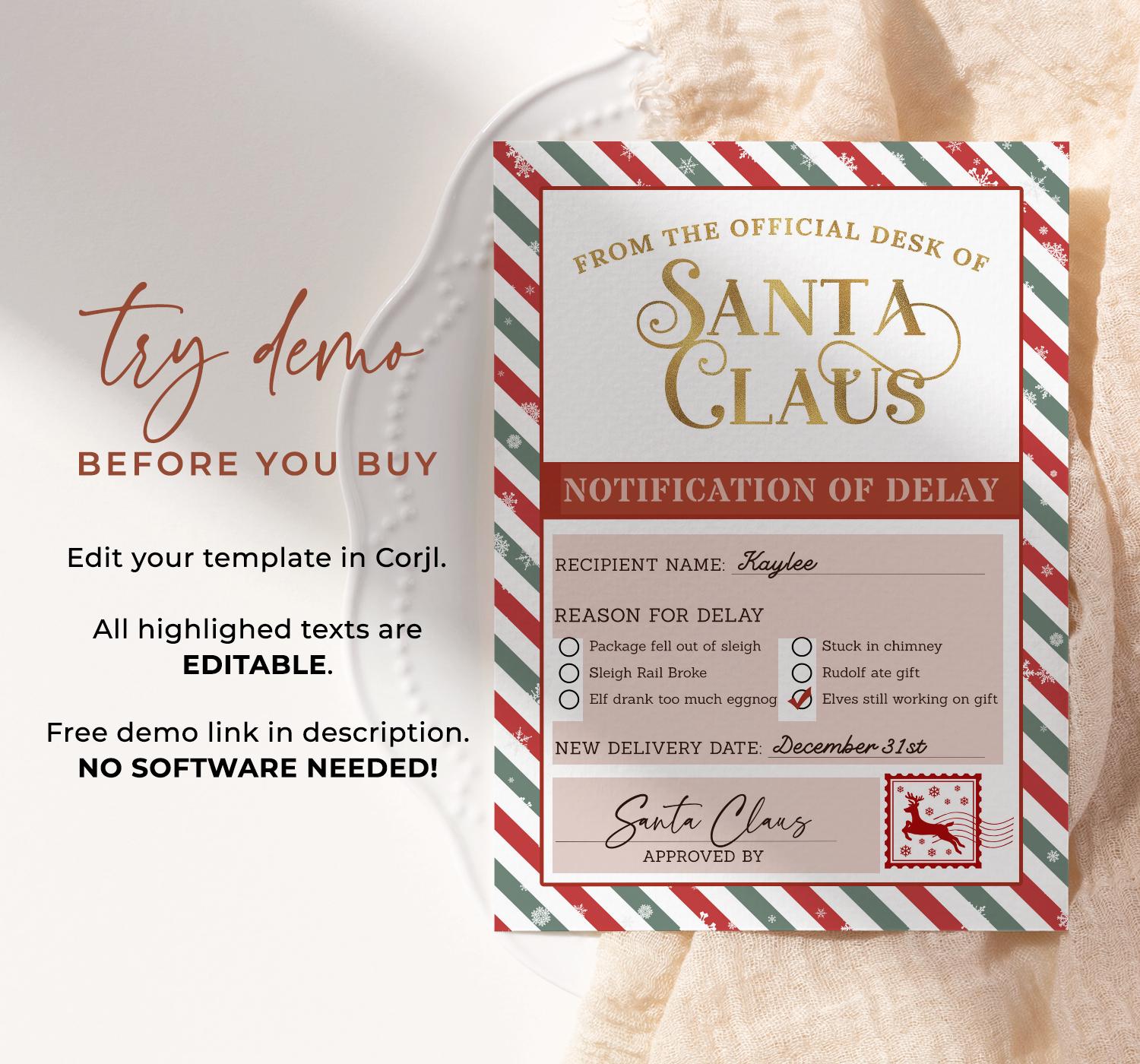 Christmas Gift Delay Notification EDITABLE, Delayed Gift Notice, Late ...