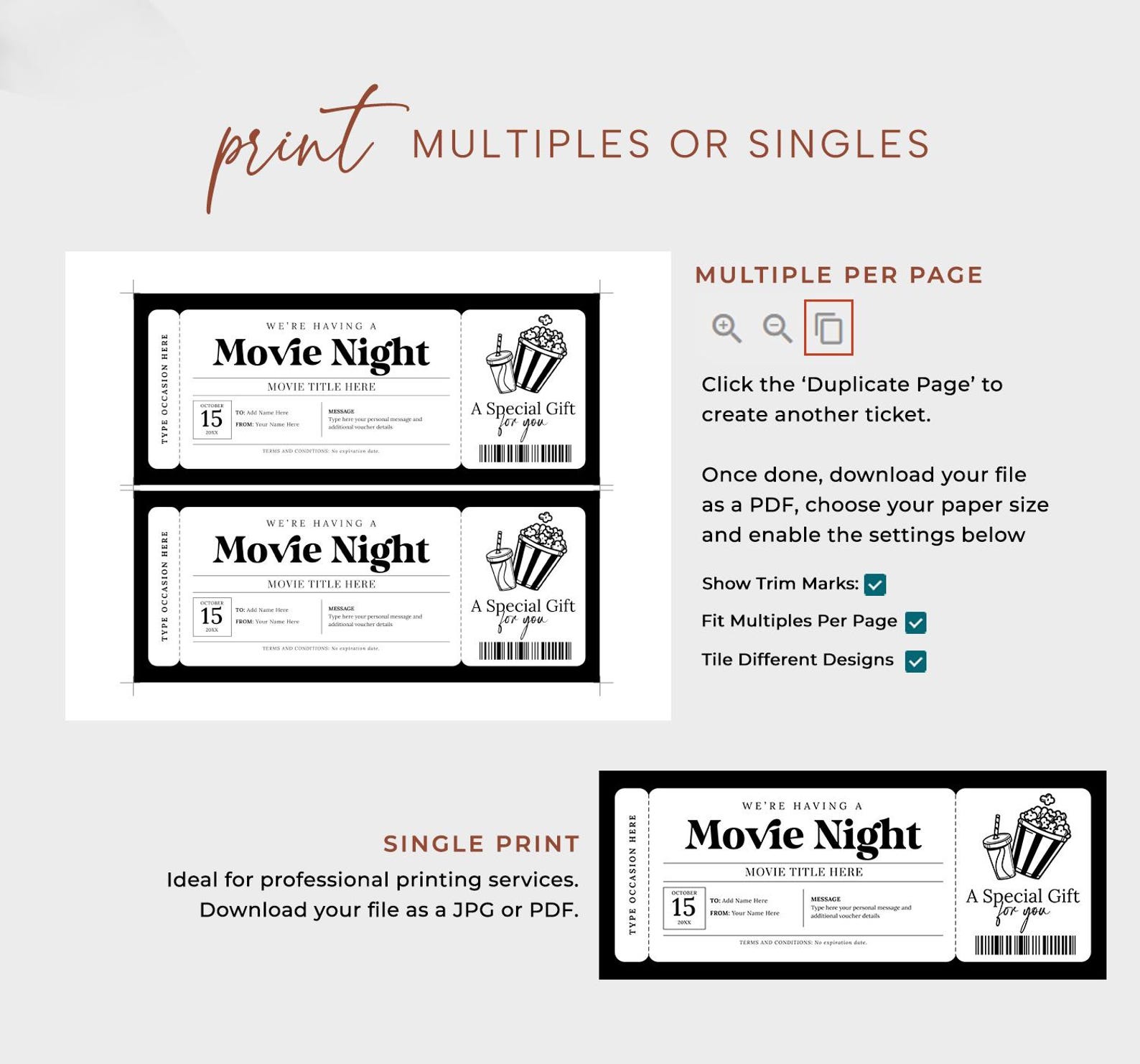 Movie Night Gift Coupon EDITABLE, Cinema Ticket Template, Movie Night ...