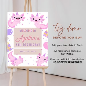 Axolotl Birthday Welcome Sign EDITABLE, Pink Cute Axolotl Birthday ...