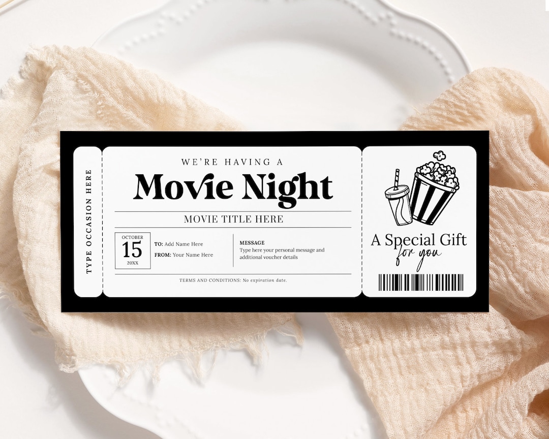 Movie Night Gift Coupon EDITABLE, Cinema Ticket Template, Movie Night ...