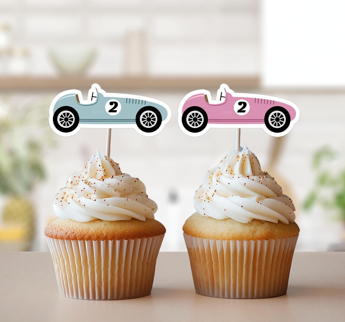 Race Car Cupcake Toppers EDITABLE, Printable Vintage Car Toppers ...
