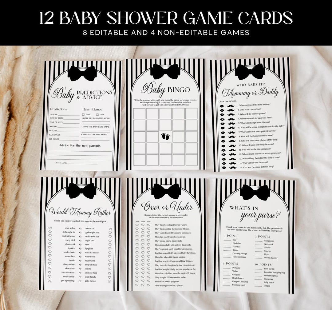Little Gentleman Baby Shower Games Bundle EDITABLE, Black Bow Tie Baby ...