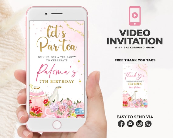 Tea Party Birthday Video Invitation, Digital Floral Afternoon Tea ...