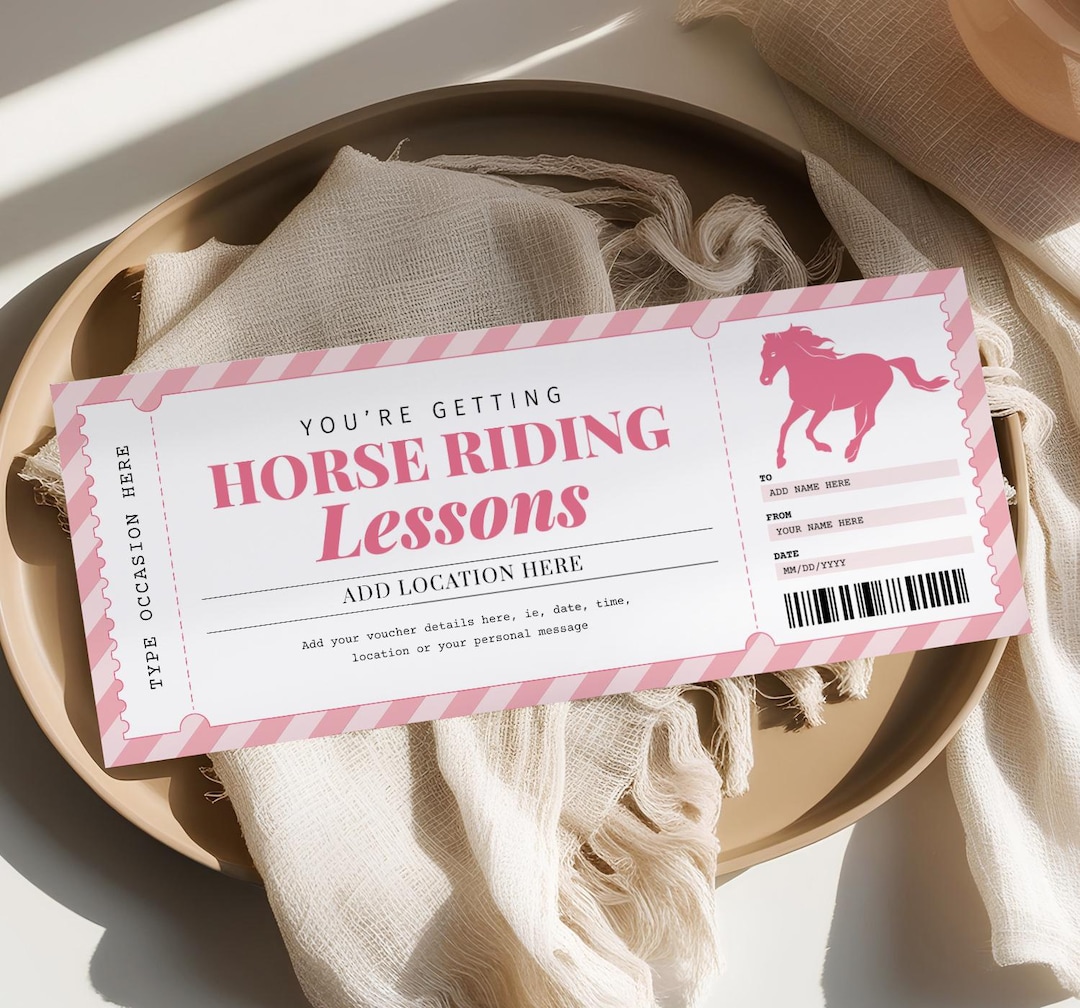 Horse Riding Lessons Voucher EDITABLE, Pink Horseback Riding Gift ...