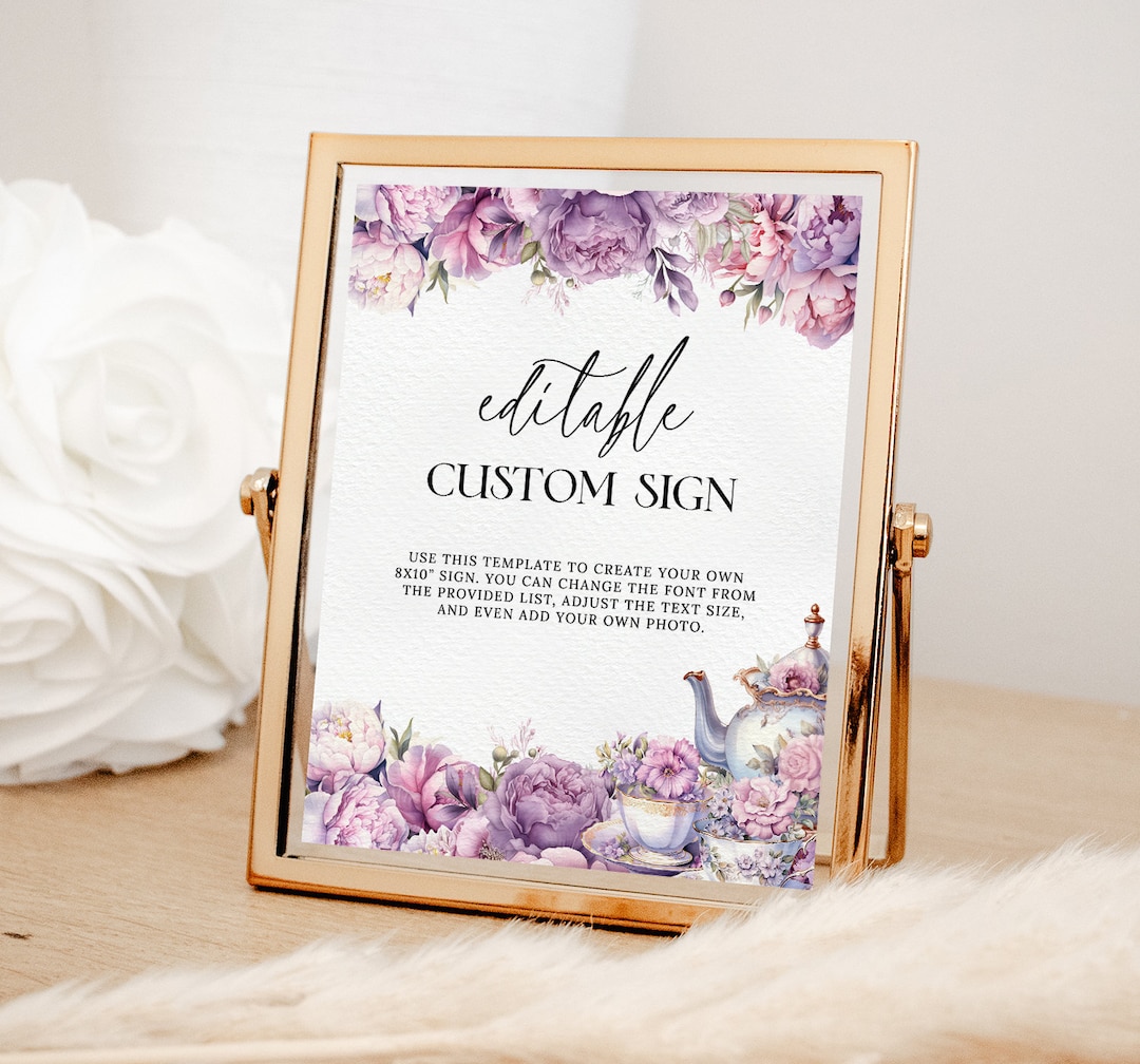 Custom Purple Floral Tea Party Sign EDITABLE, Afternoon Tea Table Sign ...