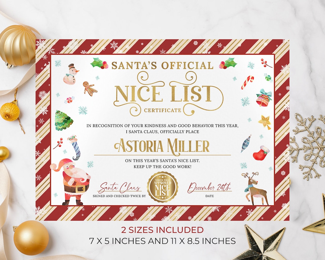 Santa Claus Official Nice List Certificate EDITABLE, Elf Nice List ...
