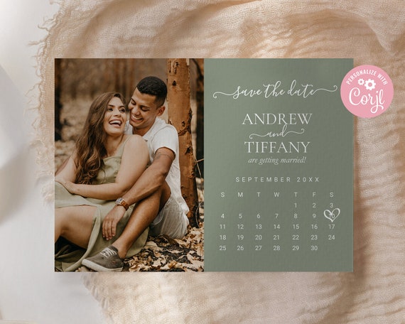 Sage Green Photo Calendar Save the Date Editable Botanical - Etsy