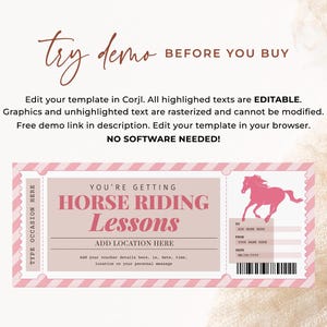 Horse Riding Lessons Voucher EDITABLE, Pink Horseback Riding Gift ...