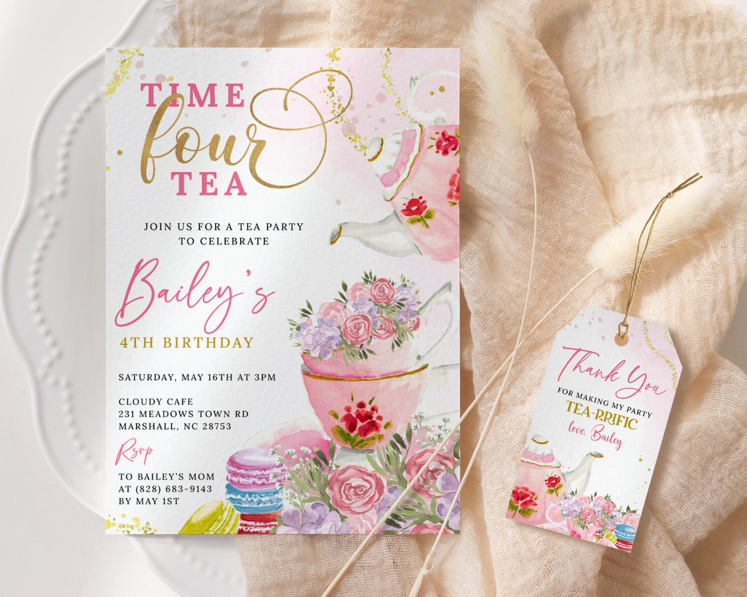 Time Four Tea Birthday Invitation EDITABLE, 4th Birthday Tea Party ...
