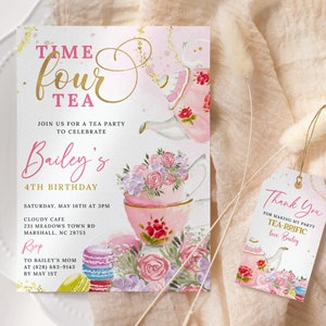 Time Four Tea Birthday Invitation EDITABLE, 4th Birthday Tea Party ...