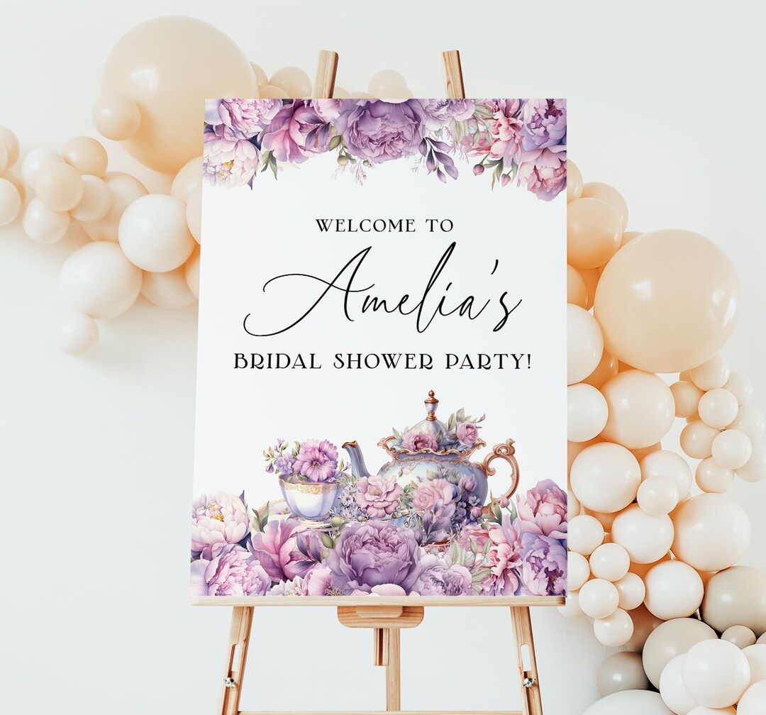 Purple Floral Tea Party Welcome Sign EDITABLE, High Tea Welcome Poster ...