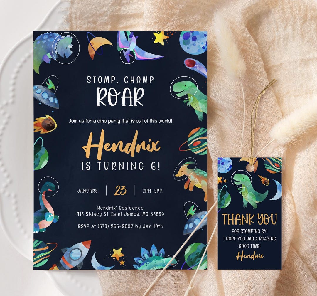 Space Dinosaur Birthday Invitation EDITABLE, Jurassic Party Invitation ...