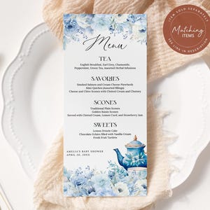 Blue Floral Tea Party Food Labels EDITABLE, High Tea Place Card ...