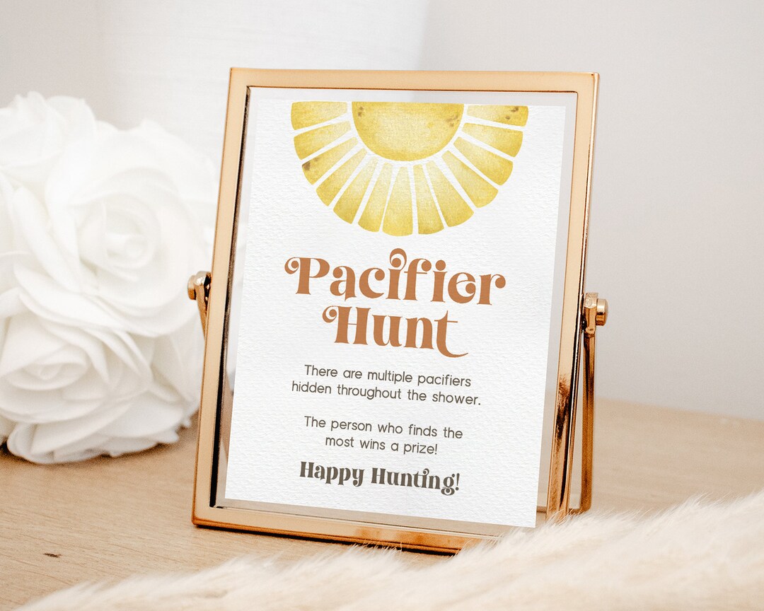 Sunshine Pacifier Hunt Sign, Retro Sun Baby Shower Game Printable, Boho ...