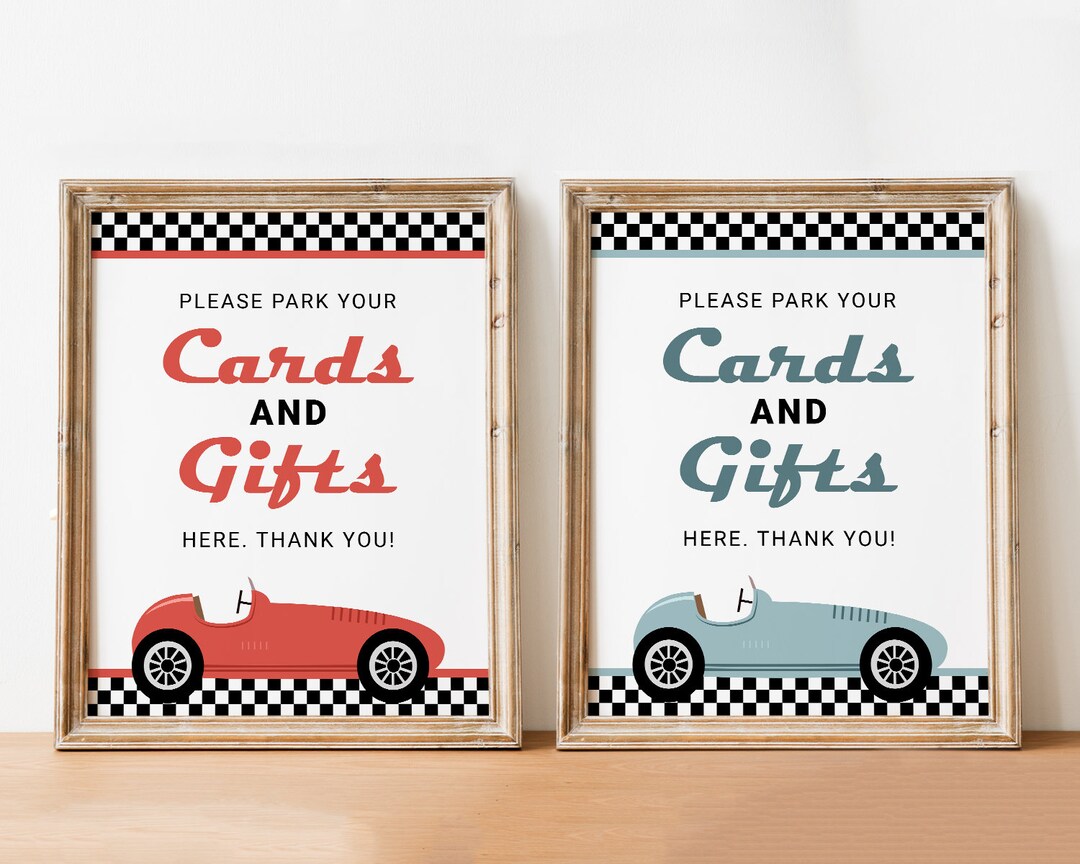Racing Cards and Gifts Sign, Printable Race Car Birthday Party Decor ...