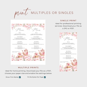 Floral Tea Party Menu Template EDITABLE, Blush Pink High Tea Menu Cards ...