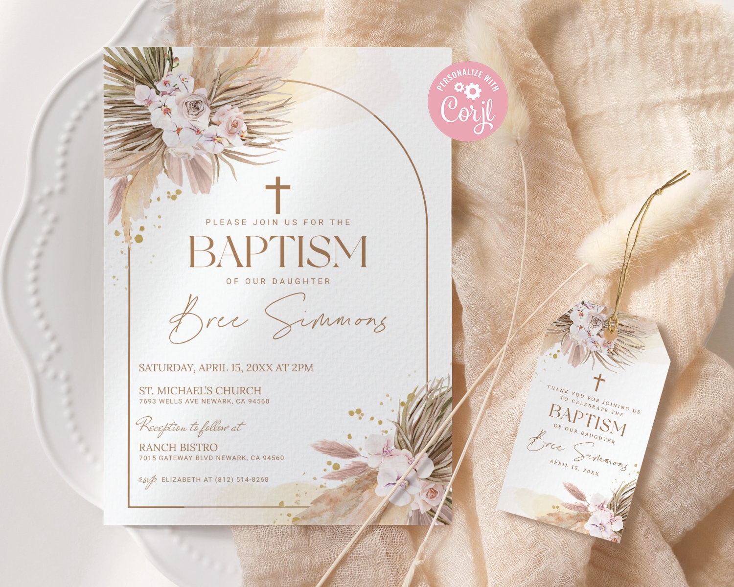 Boho Pampas Baptism Invitation Editable Bohemian Christening - Etsy