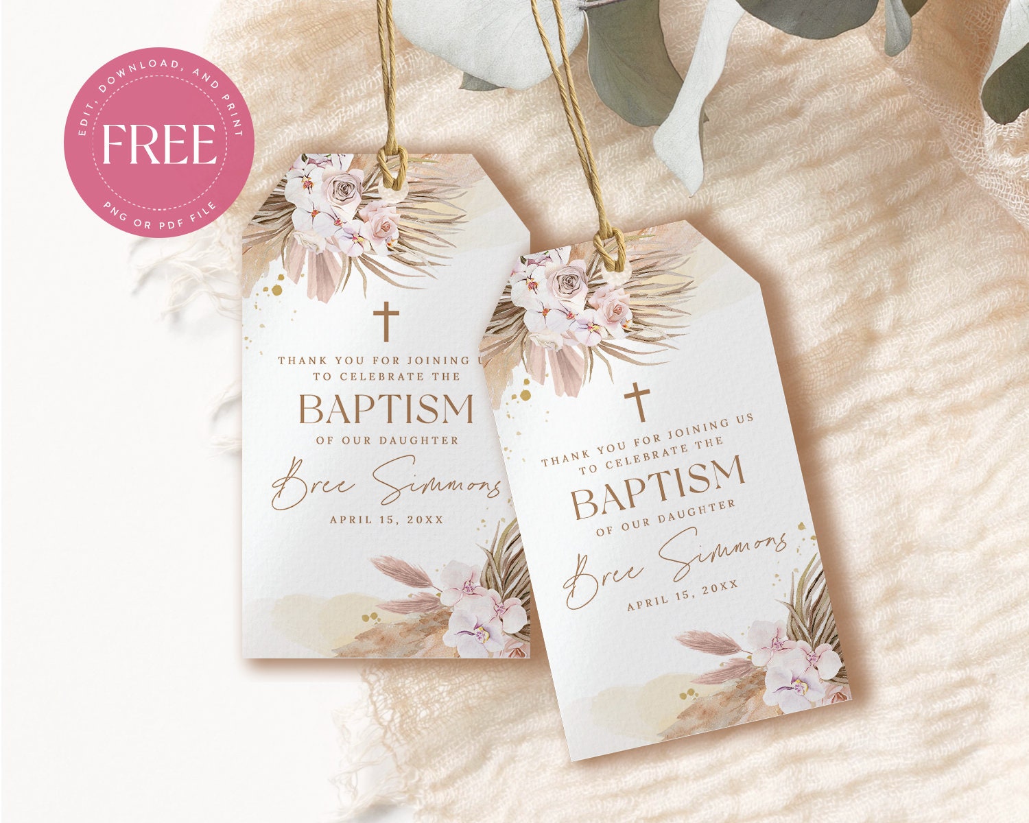 Boho Pampas Baptism Invitation Editable Bohemian Christening - Etsy