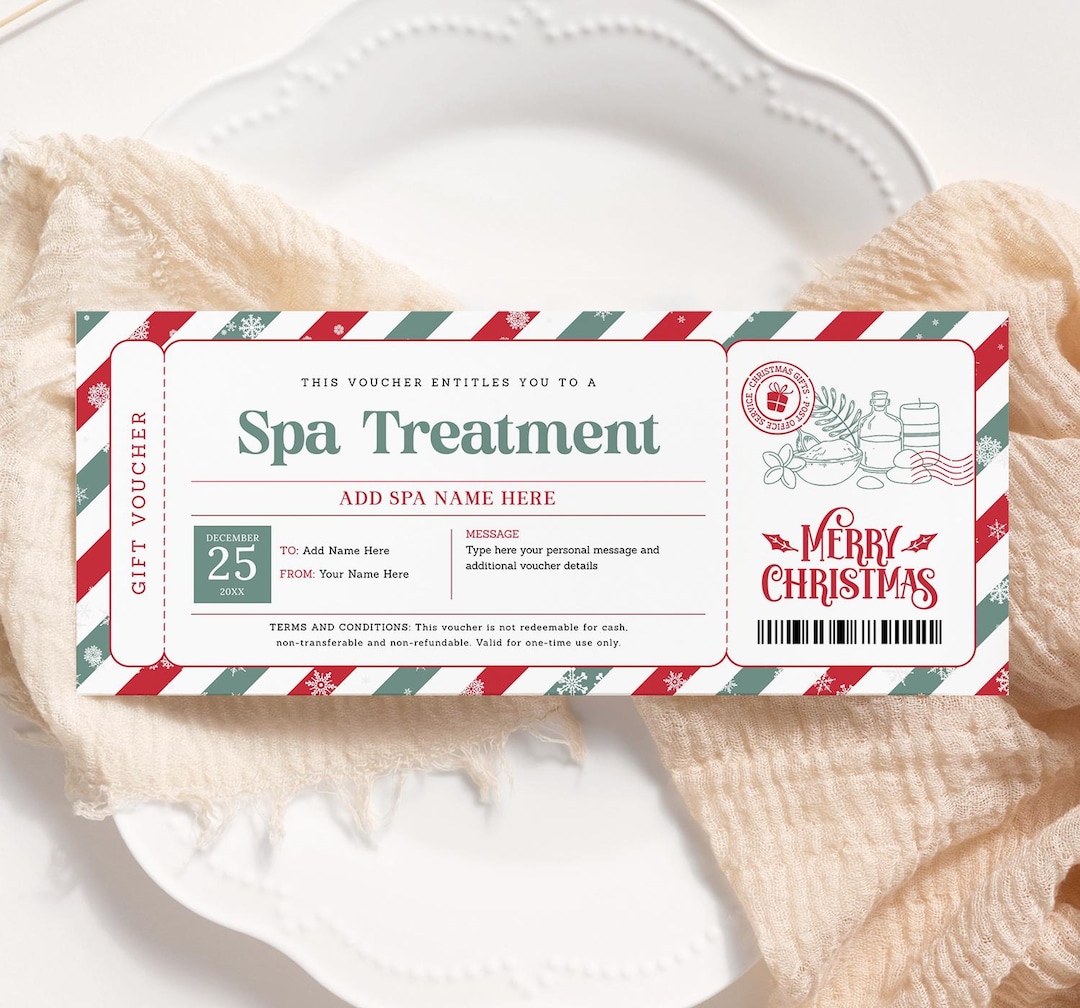 Spa Day Christmas Gift Certificate EDITABLE, Massage Voucher Printable ...