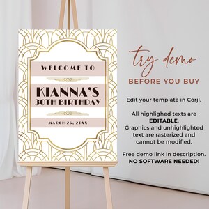 Gatsby Welcome Sign EDITABLE, Roaring 20s Birthday Welcome Poster, Art ...