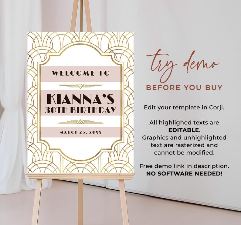 Gatsby Welcome Sign EDITABLE, Roaring 20s Birthday Welcome Poster, Art ...